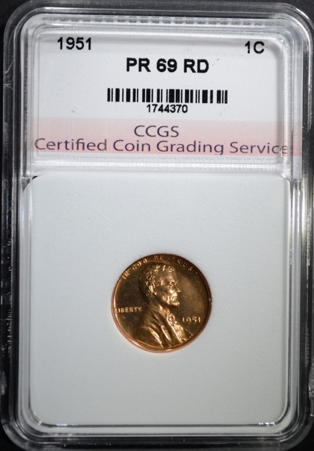 1951 LINCOLN CENT, CCGS SUPERB GEM PR+++ RED