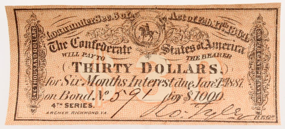 1864 $30 Thirty Dollars Confederate States of America Richmond CSA Bank ...