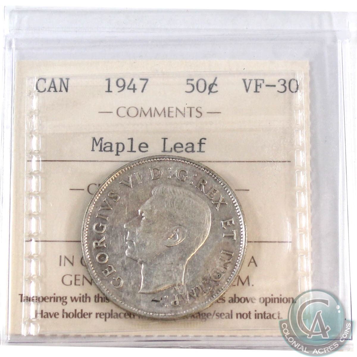 1947 Canada 50-cent Maple Leaf ICCS Certified VF-30