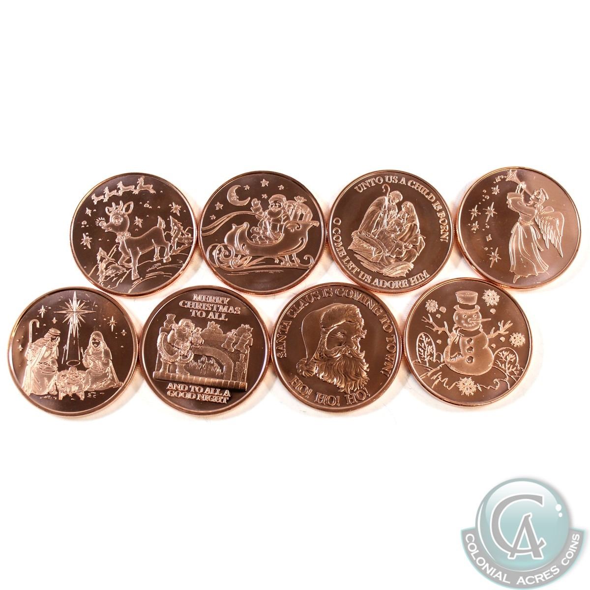 Lot of 1oz Fine Copper Rounds with 8 Different Christmas Designs (TAX ...