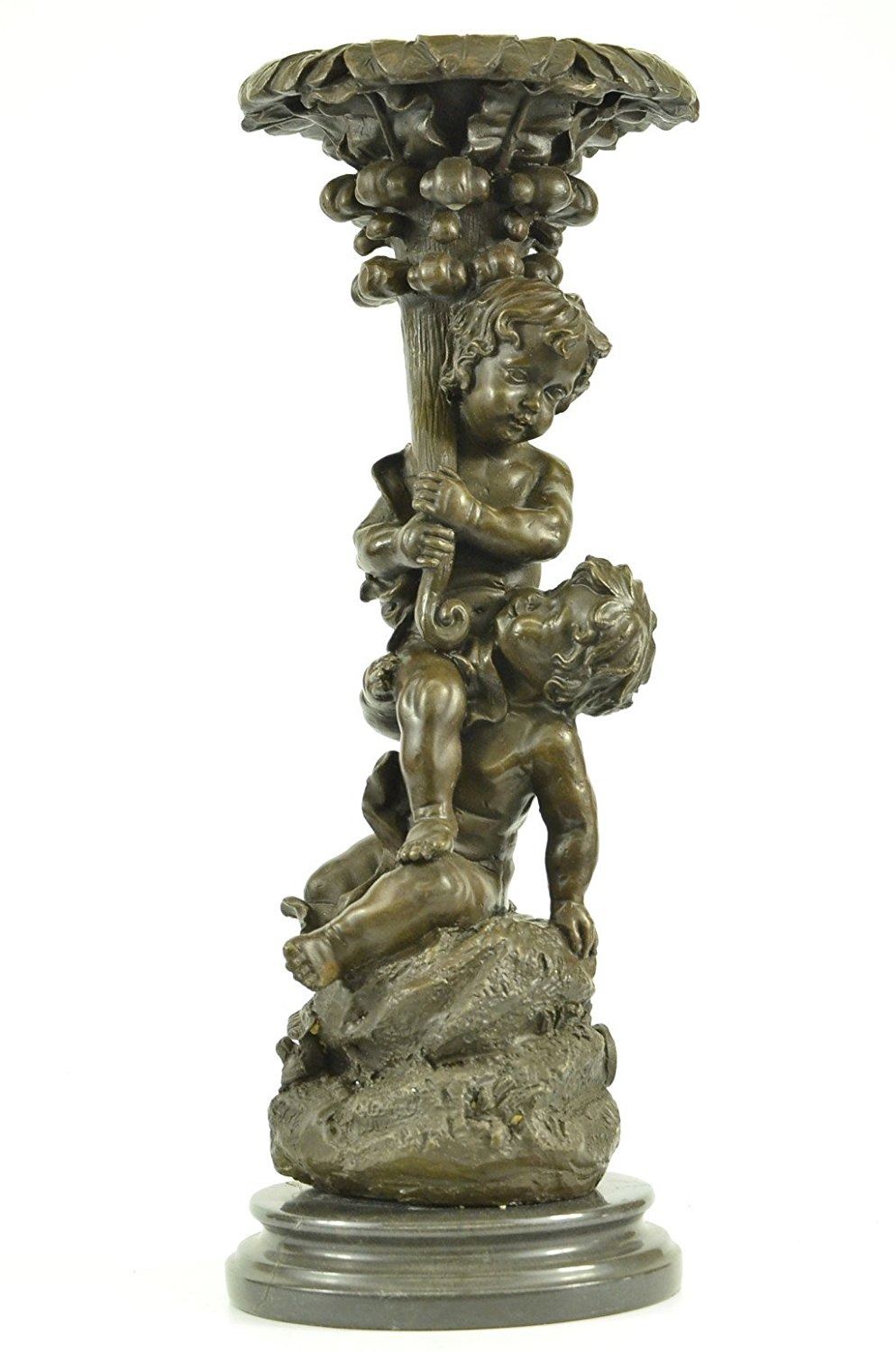 Two Playful Puti Cherub Child Bronze Sculpture on Marble Base Statue