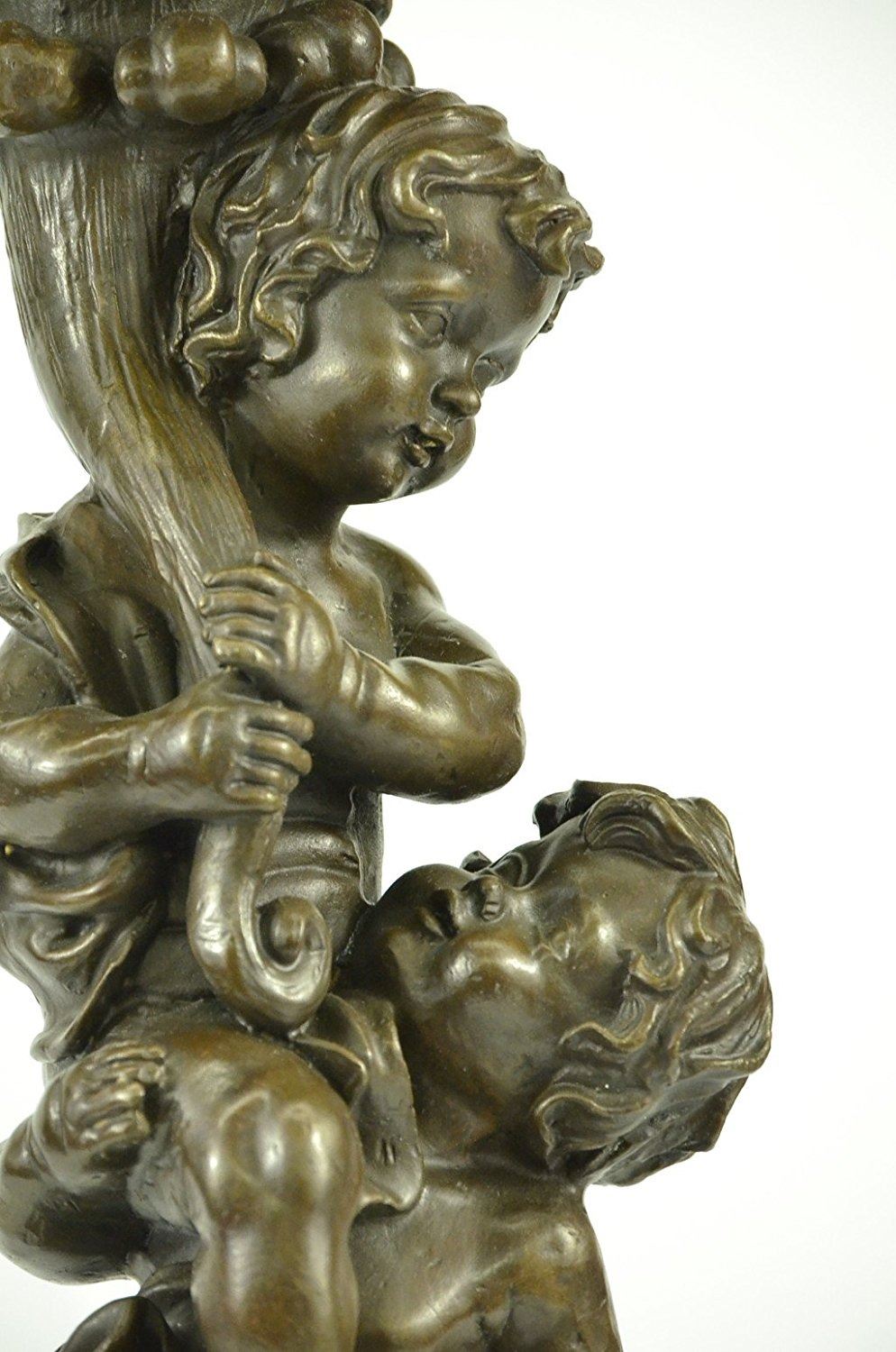 Two Playful Puti Cherub Child Bronze Sculpture on Marble Base Statue