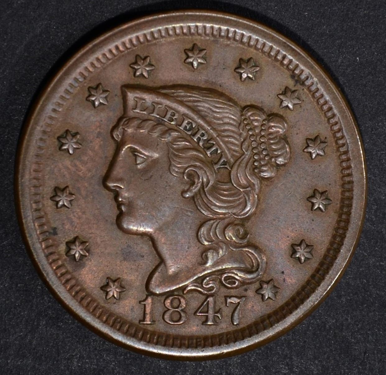 1847 LARGE CENT, AU N-27 SCARCE VARIETY