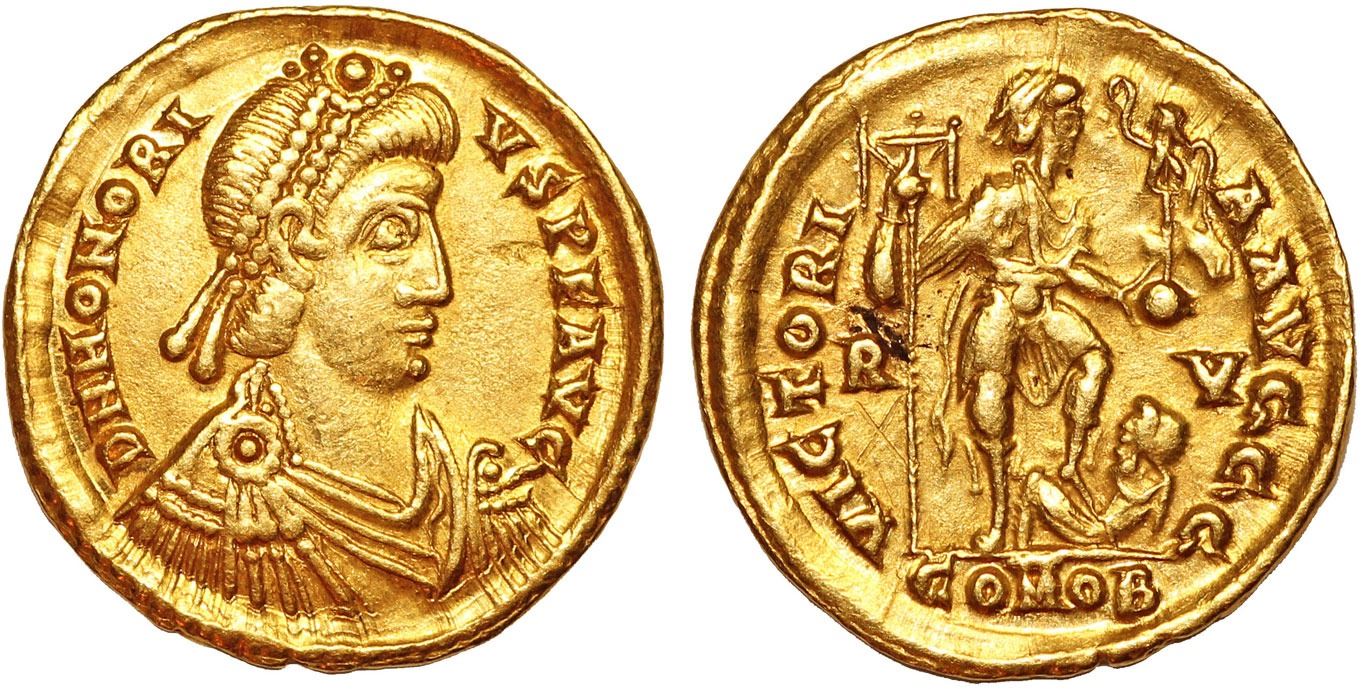 Honorius, 393-423 AD, gold solidus - Ravenna mint
