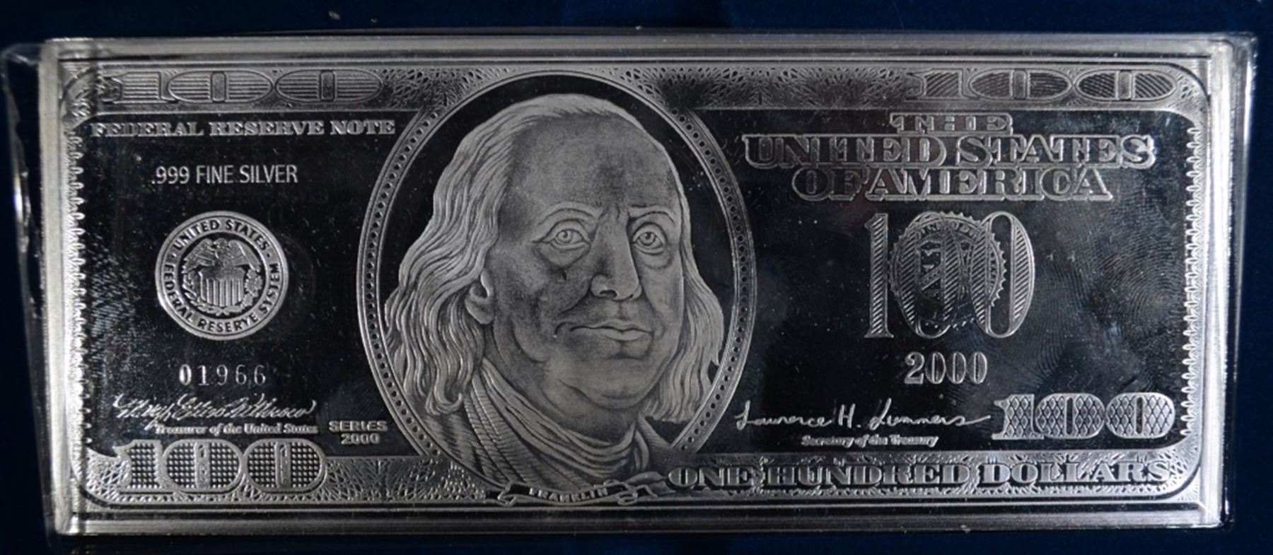 4-OUNCE ,999 SILVER “100 DOLLAR BILL” IN BOX/COA