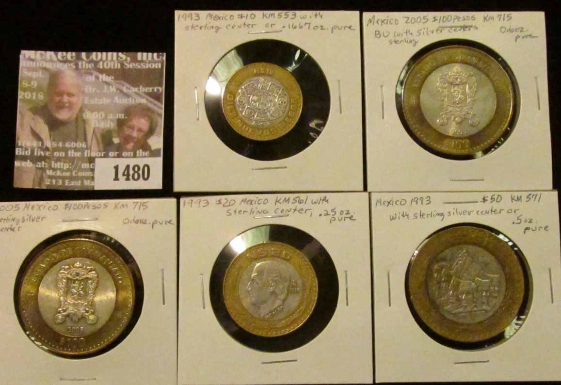 1480 _ (5) Mexico Bi-metal Silver/Brass Coins containing over 2 ounces ...