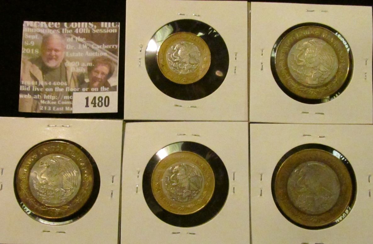 1480 _ (5) Mexico Bi-metal Silver/Brass Coins containing over 2 ounces ...