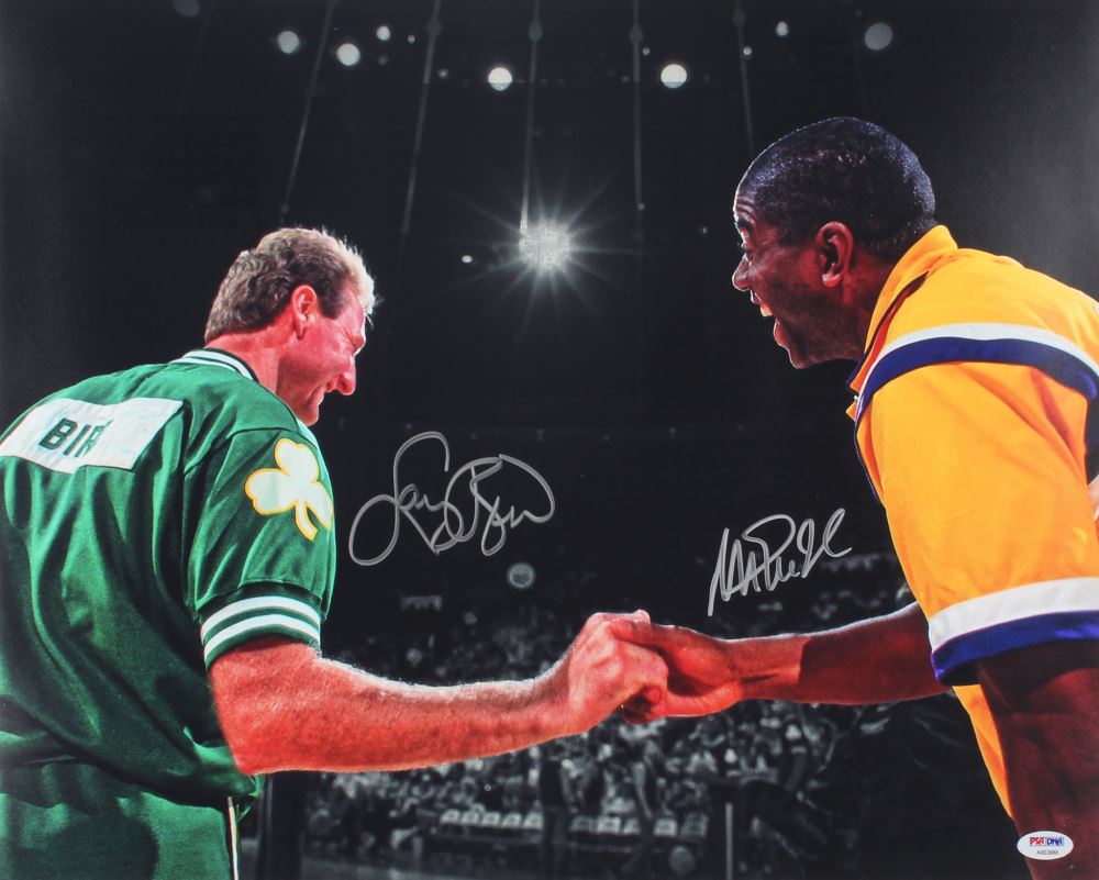 Magic Johnson Larry Bird Signed 16x20 Photo (PSA LOA)