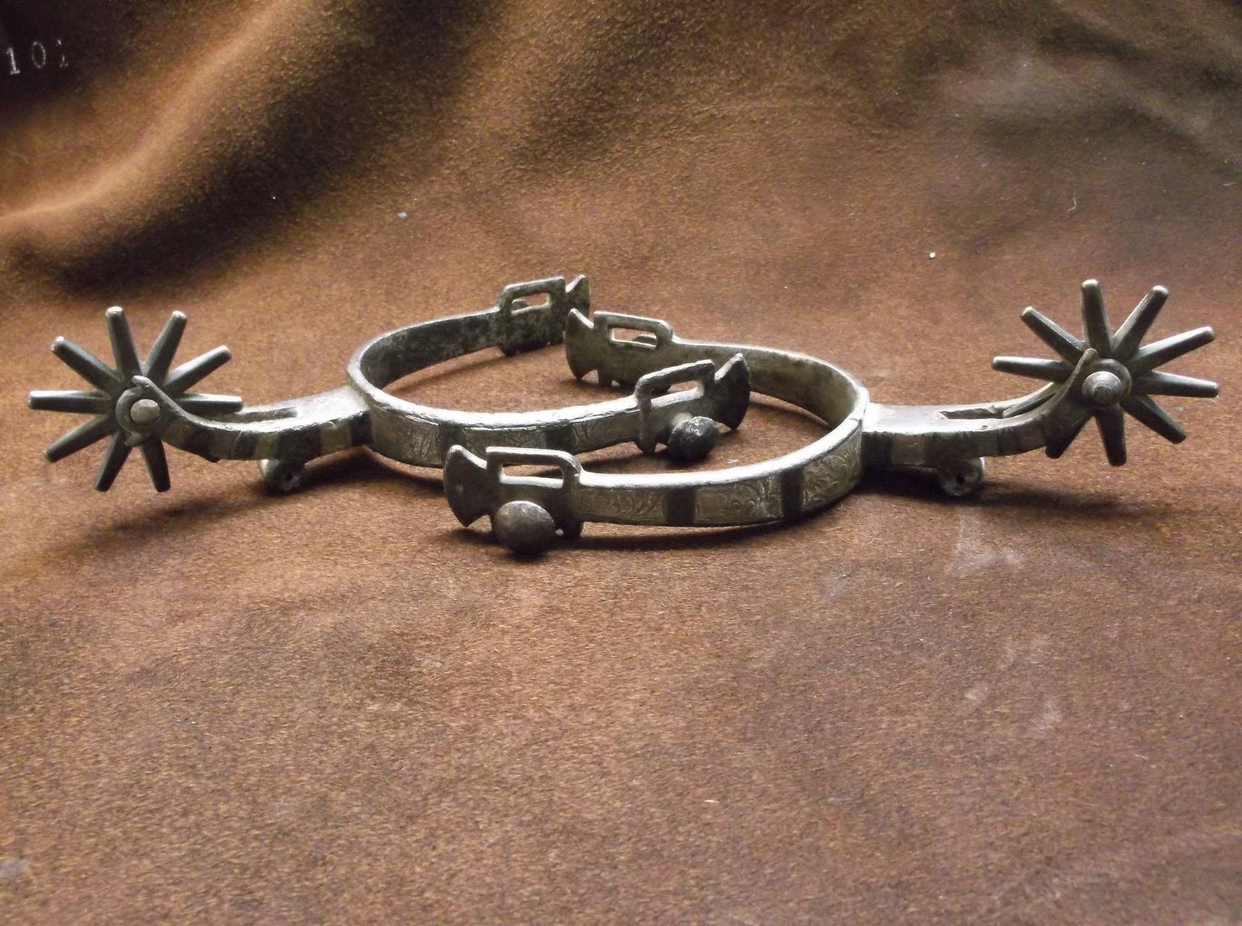 Unmarked Double Mounted Silver Inlaid Drop Shank Spurs- Barrel Chap ...