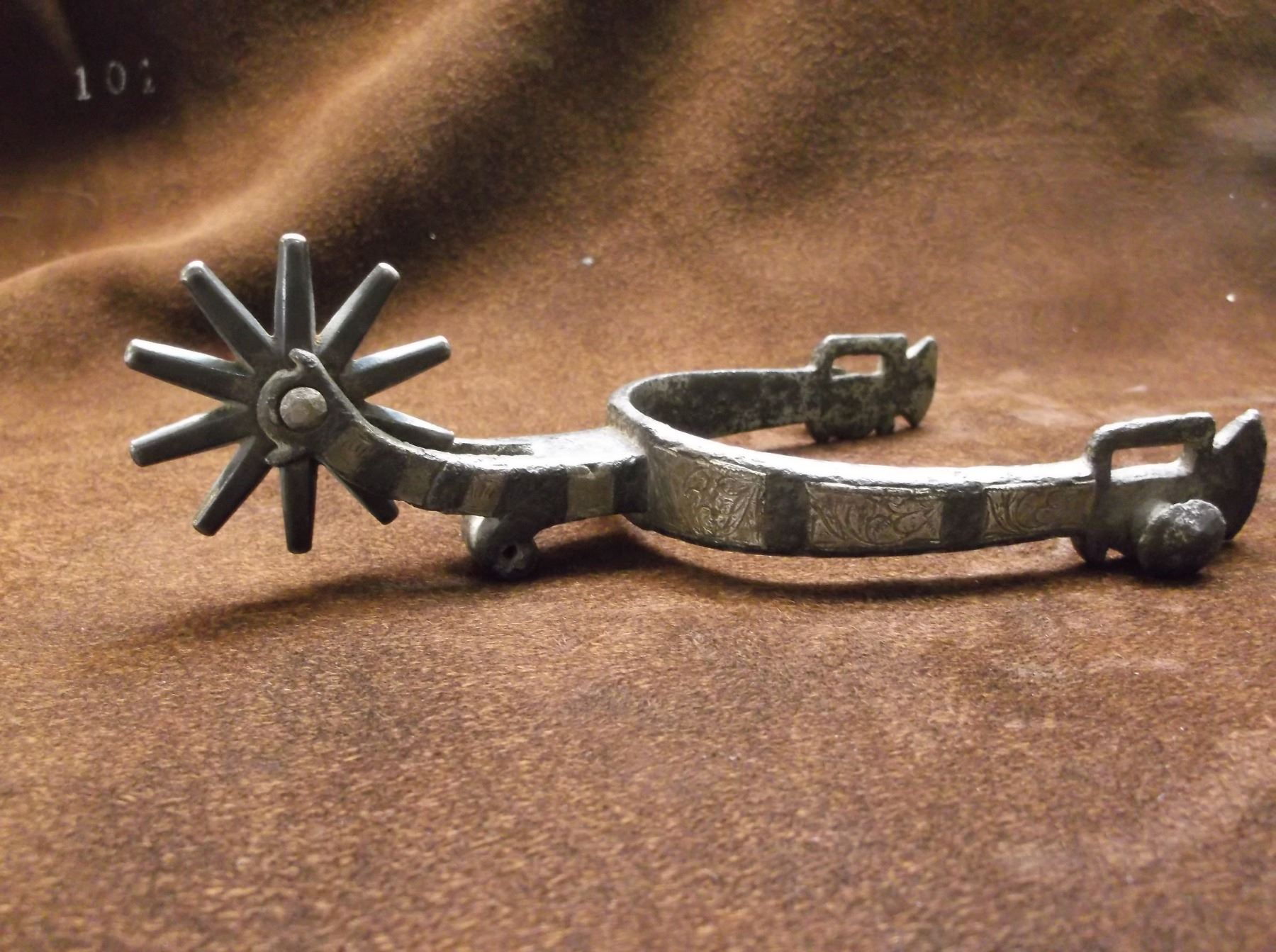 Unmarked Double Mounted Silver Inlaid Drop Shank Spurs- Barrel Chap ...