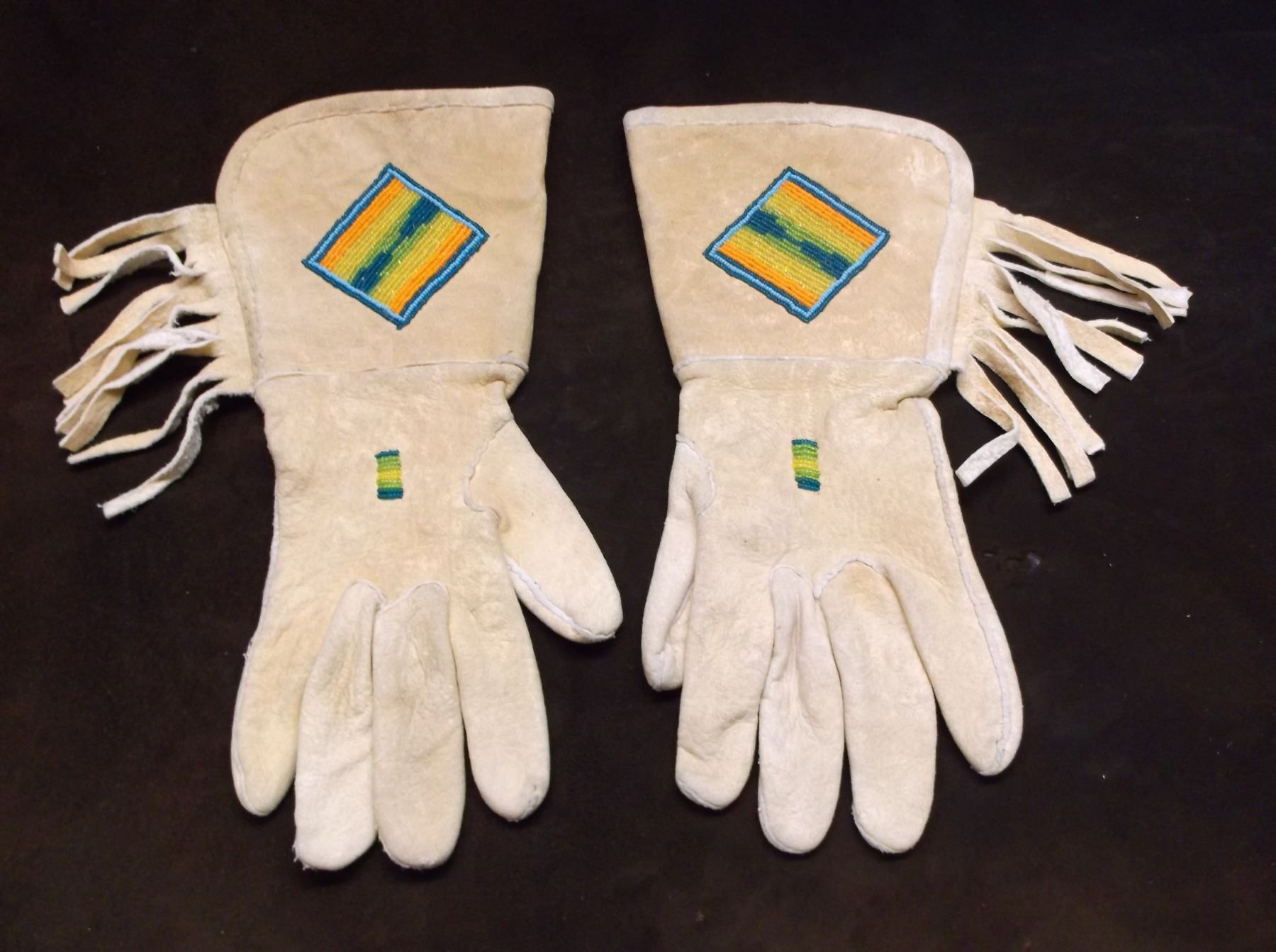 Beaded Leather Gauntlets- Fringed- Cloth Lined- 13"L