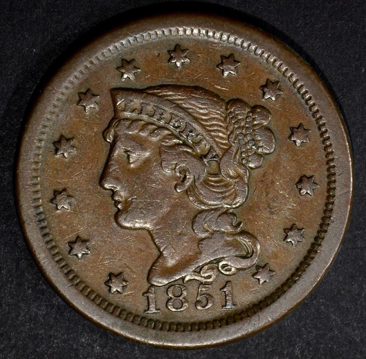 1851 LARGE CENT, XF N-37 R-6 VERY RARE!