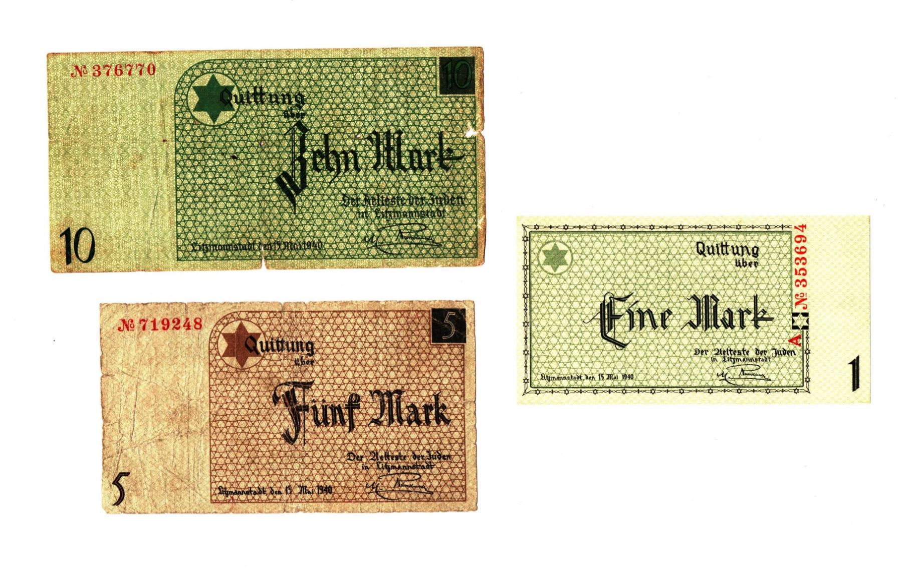 Collection of 3 German marks banknotes, ghetto Lodz