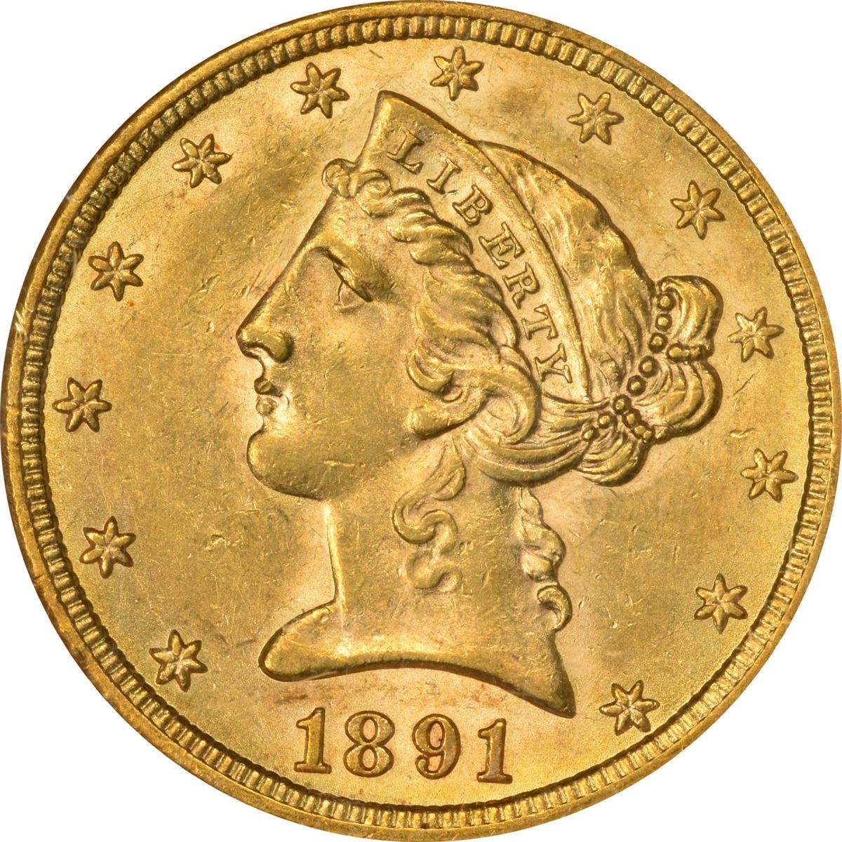 Choice AU 1891-CC Half Eagle. 1891-CC Gold $5. Winter 2A. AU-58 NGC.