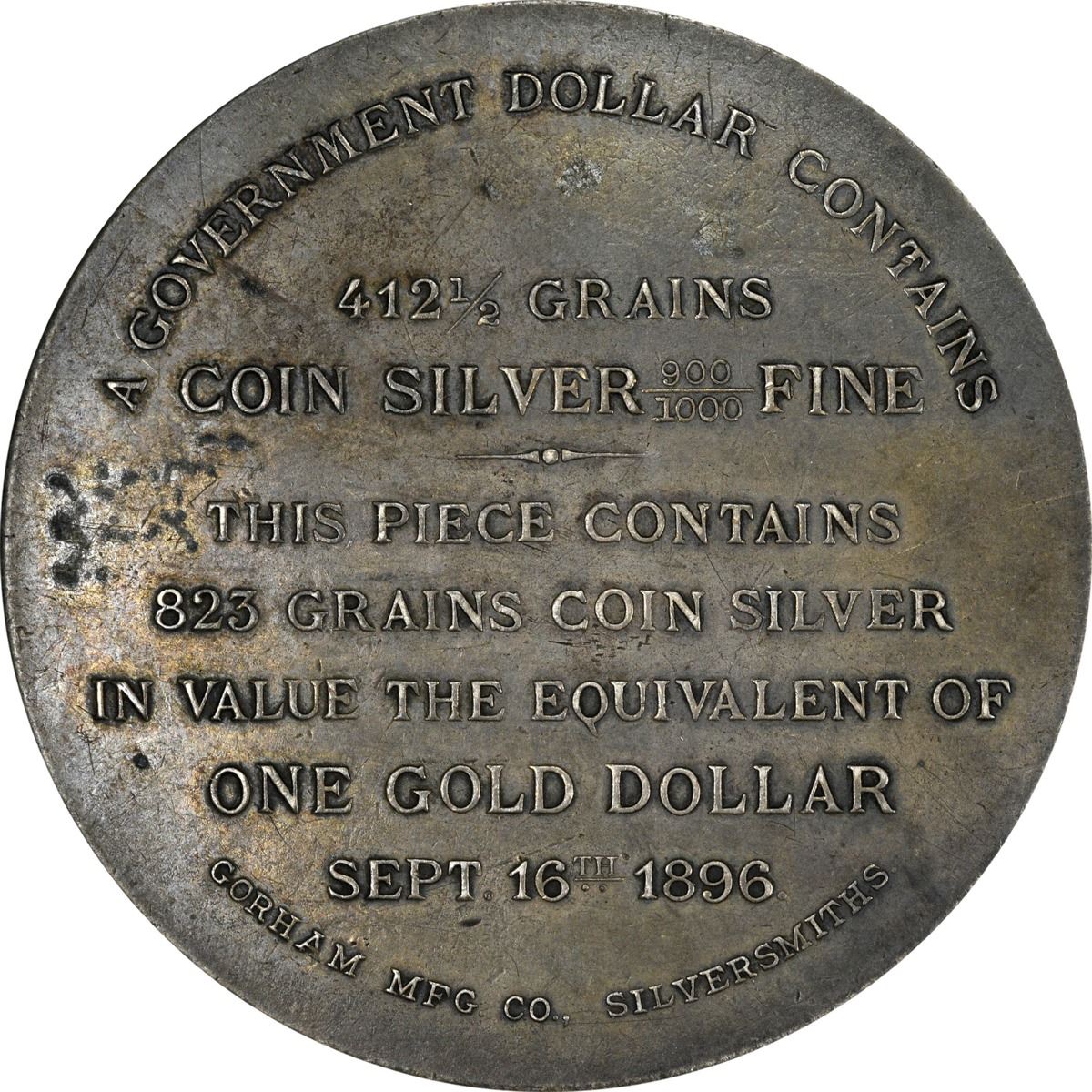 1896 Bryan Money. HT-780. Gorham Silver Dollar. 823 grains. 52.0 mm. AU.