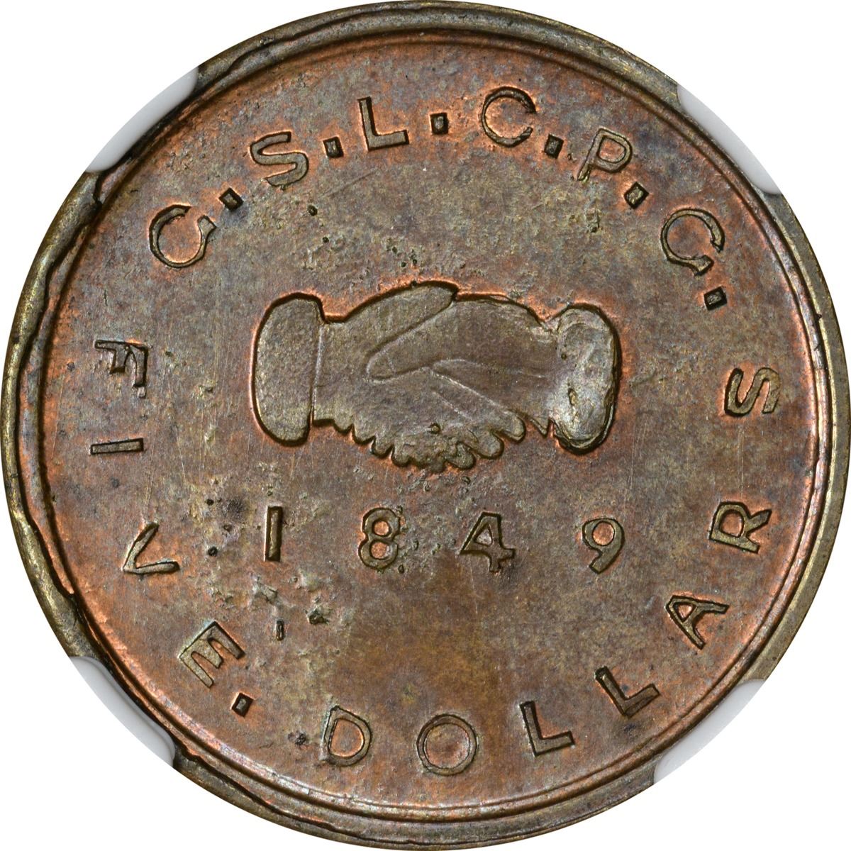 1849 Mormon $5 Uniface Copper Rev, K-3a Restrike.