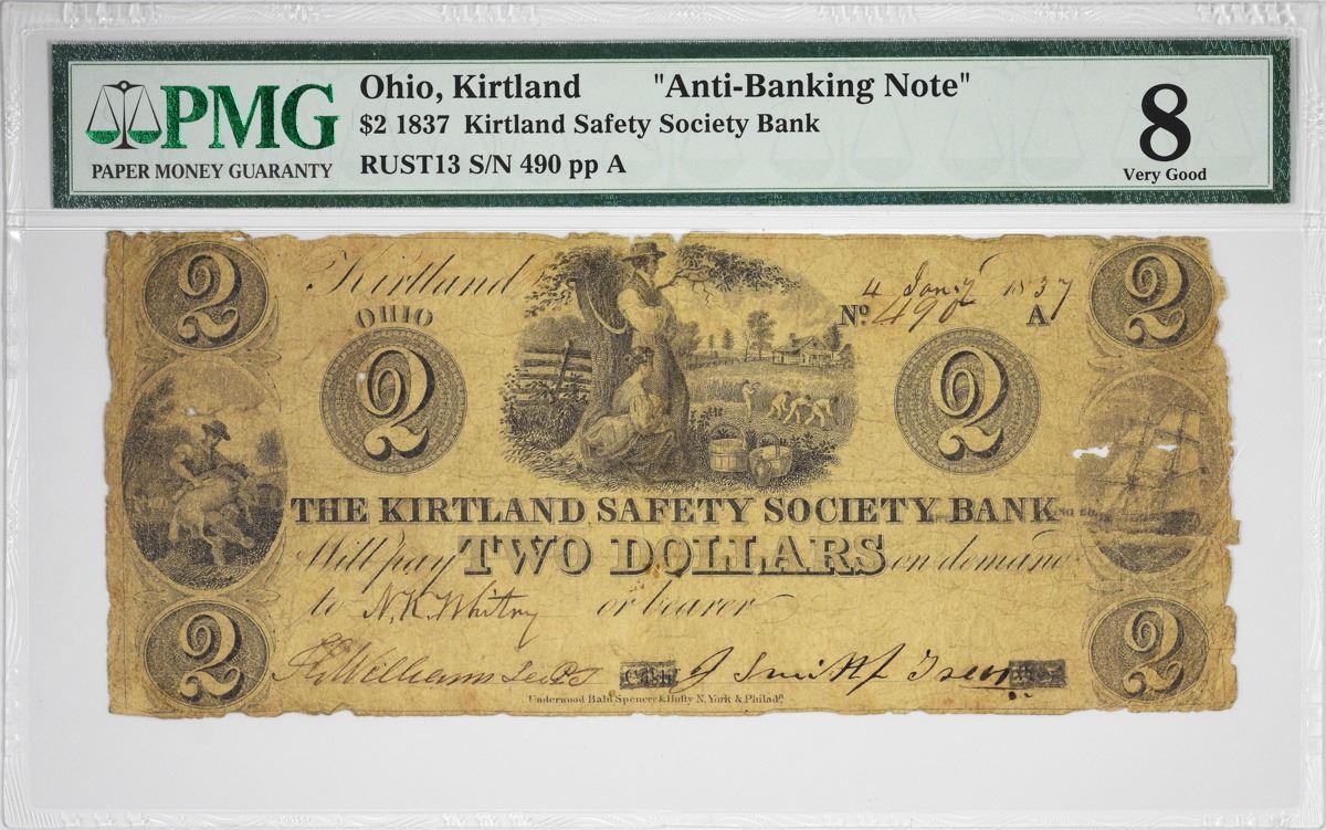 Rarest of the Anti-Banking Kirtland Notes. 1837 $2 Kirtland Safety ...
