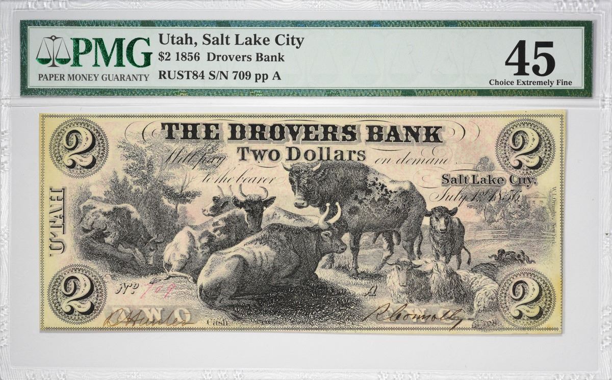 $2 1856 Drovers Bank. Salt Lake City, Utah. Nyholm 141. Rust 84. PMG ...