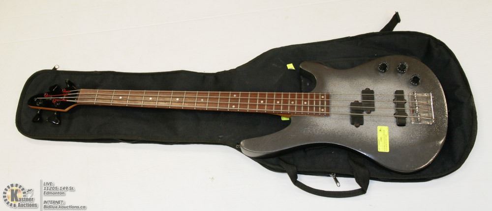 ELECTRIC AXTECH SILVER BASS GUITAR WITH SOFT CASE.