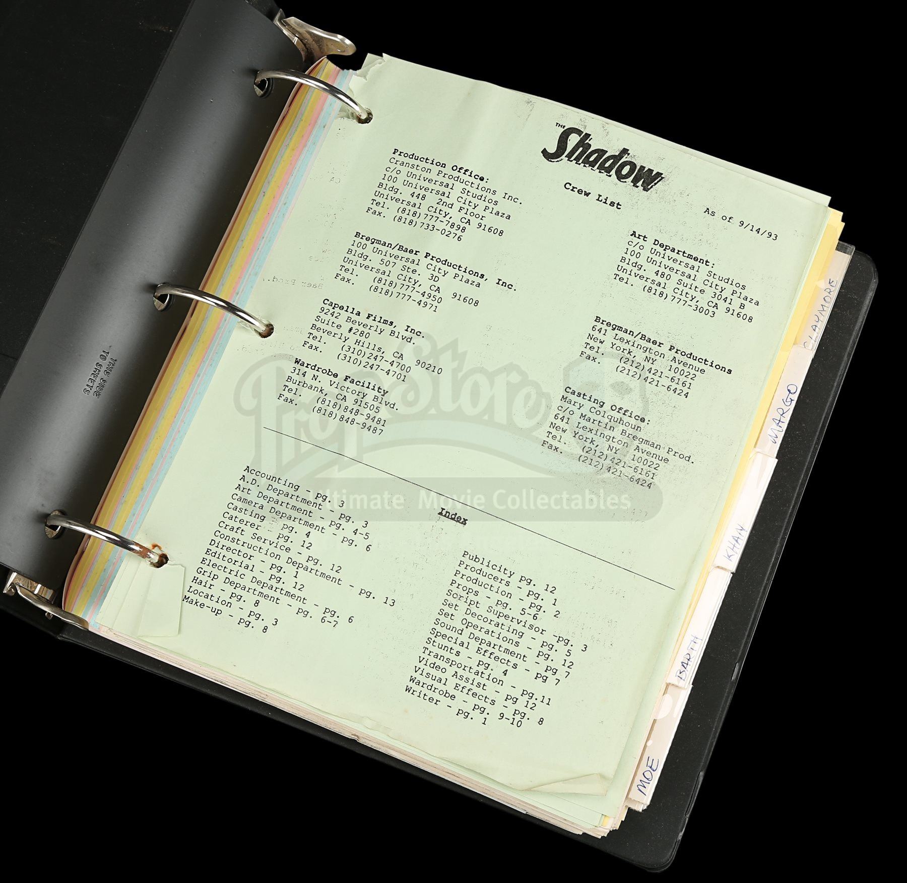 THE SHADOW (1994) - Costume Continuity Binder