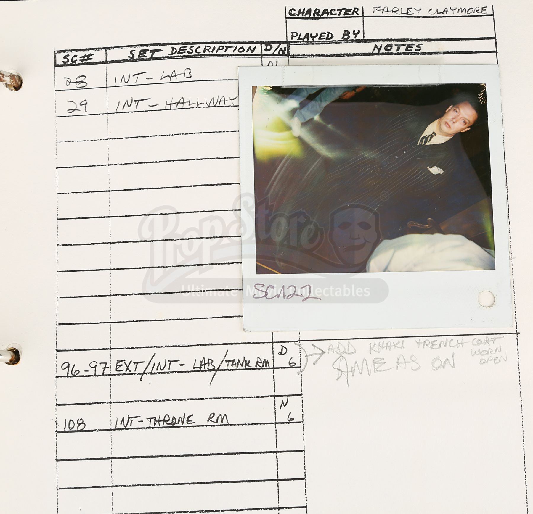 THE SHADOW (1994) - Costume Continuity Binder