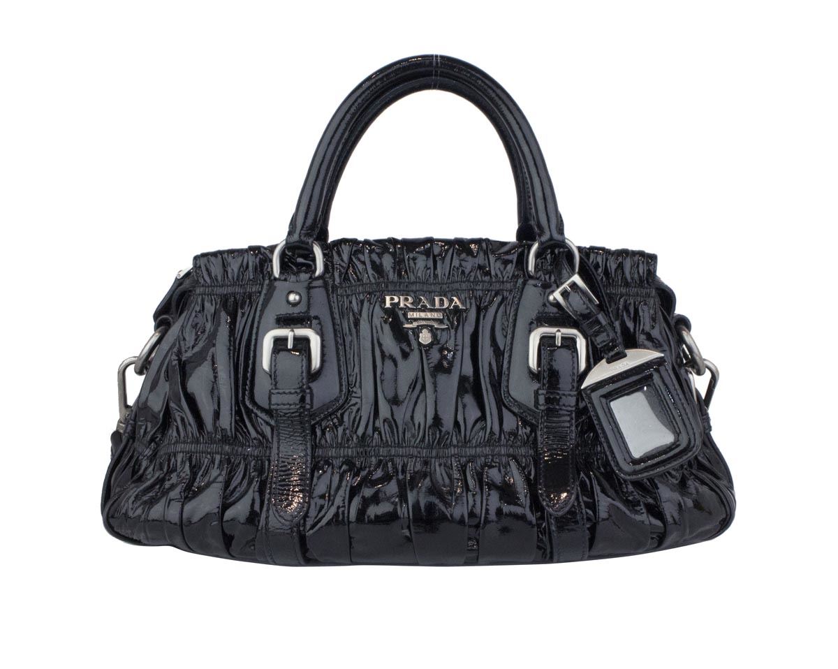 Prada Black Patent Leather Gauffre Ruched Medium Shopping Bag
