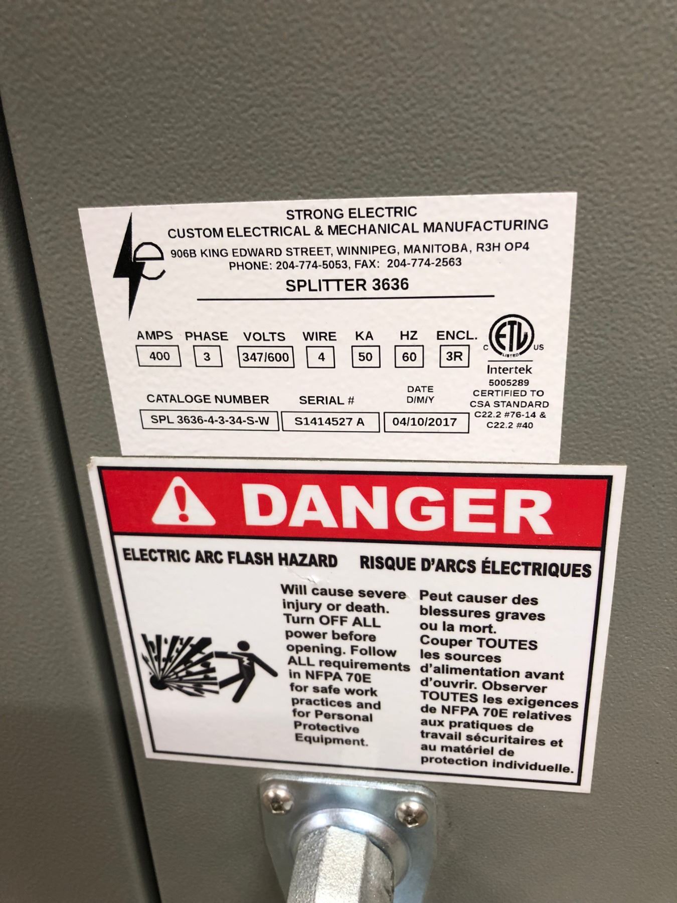 1 Splitter 3636, 400 AMP, 3 PH, 347/600 Volts, 4 Wire, 50 KA, HZ60, 3R