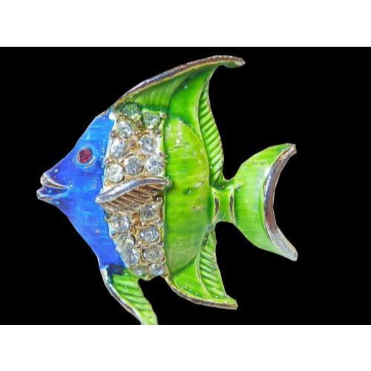 Vintage 1970's Blue & Green Enamel & Rhinestone Fish Brooch Pin