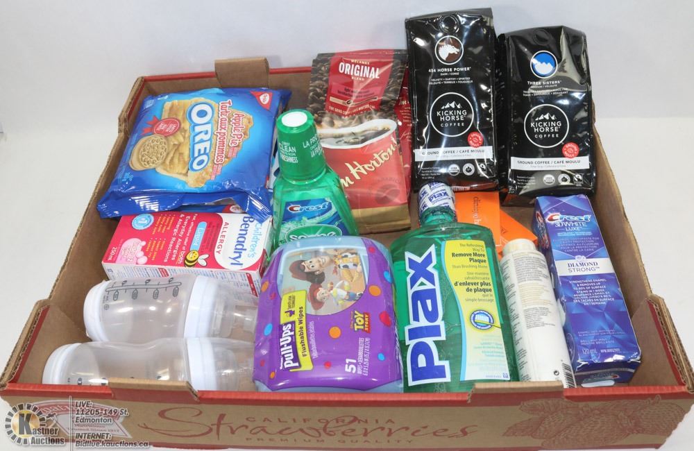 FLAT OF KICKING HORSE COFFEE, OREO, TOOTHPASTE