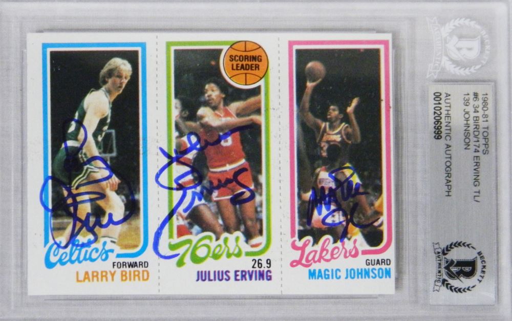 Julius Erving, Magic Johnson Larry Bird Signed 1980-81 Topps #6 (BGS Encapsulated)