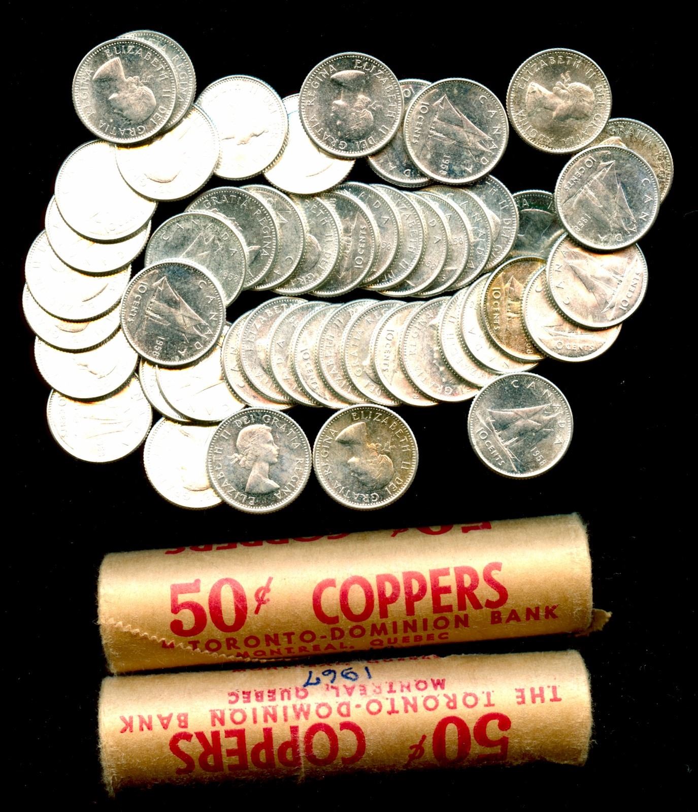 1958 10¢, 1964 1¢ & 1967 1¢ MS/BU Rolls.