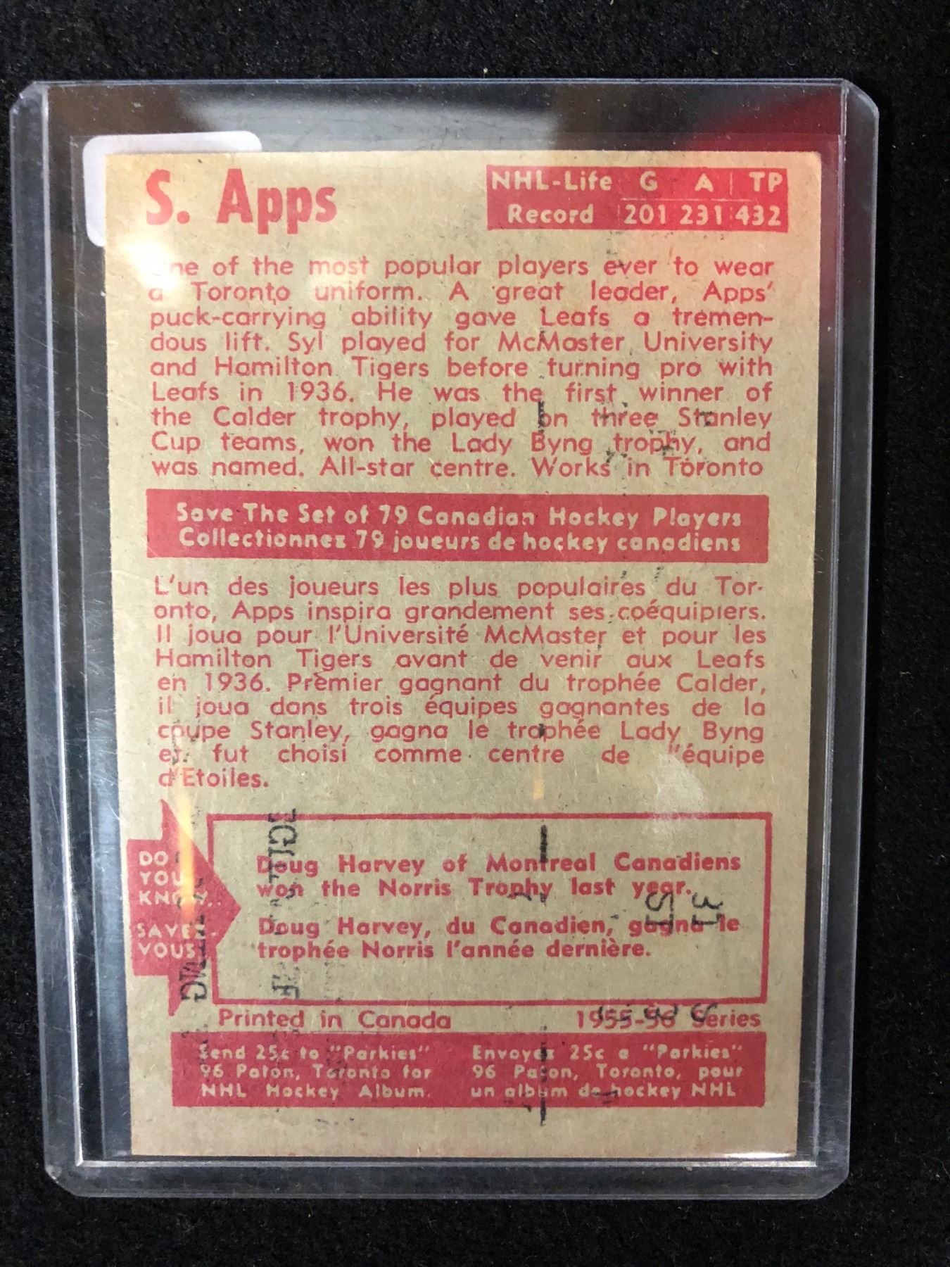 1955-56 PARKHURST NHL HOCKEY CARD #28 SYL APPS