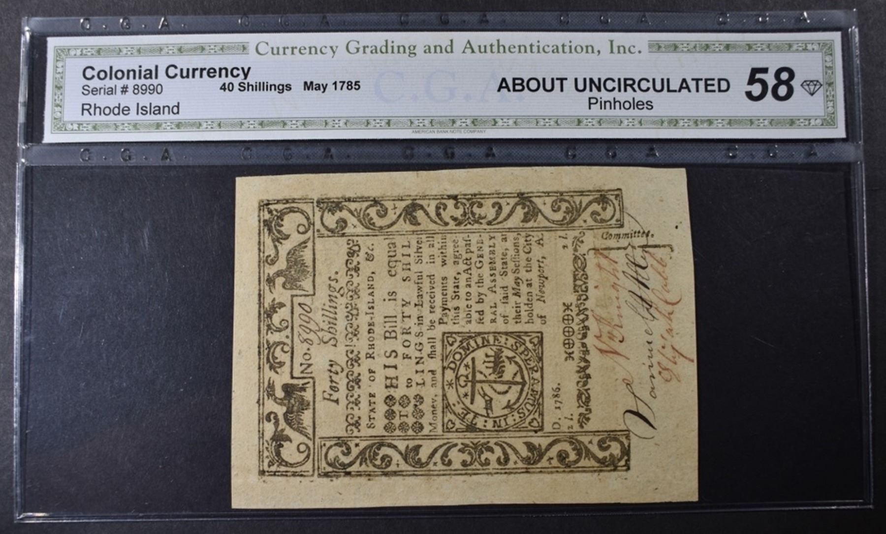 1785 40 SHILLINGS RHODE ISLAND COLONIAL CURRENCY