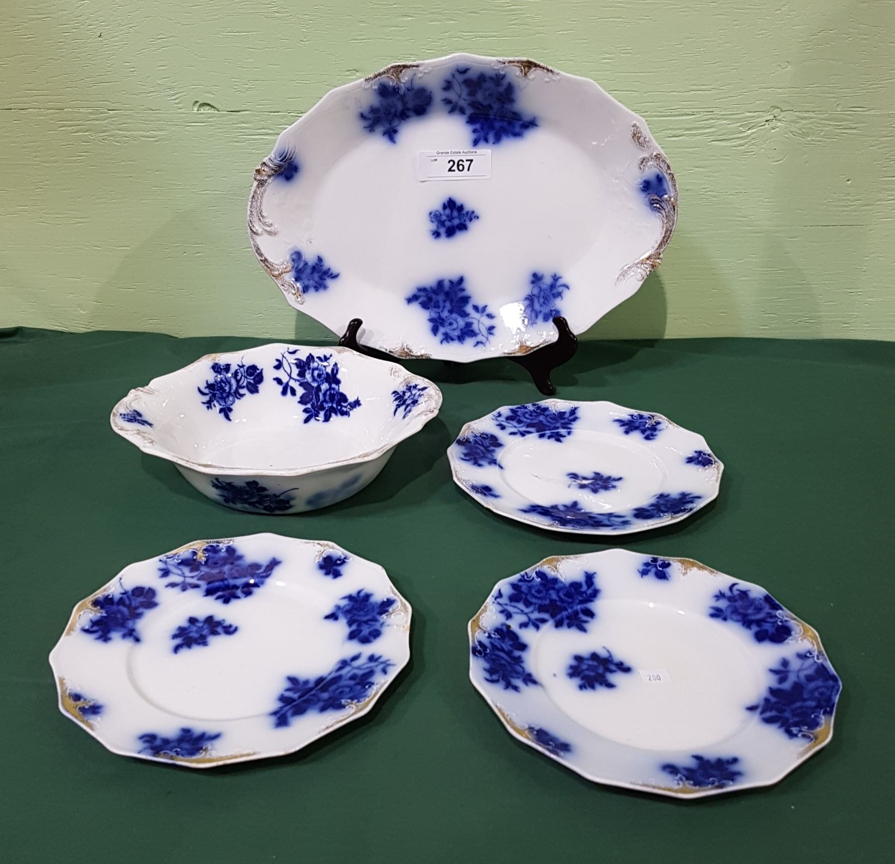 5 PC W.H.GRINDLEY & CO FLOW BLUE CHINA IN THE GIRONDE PATTERN