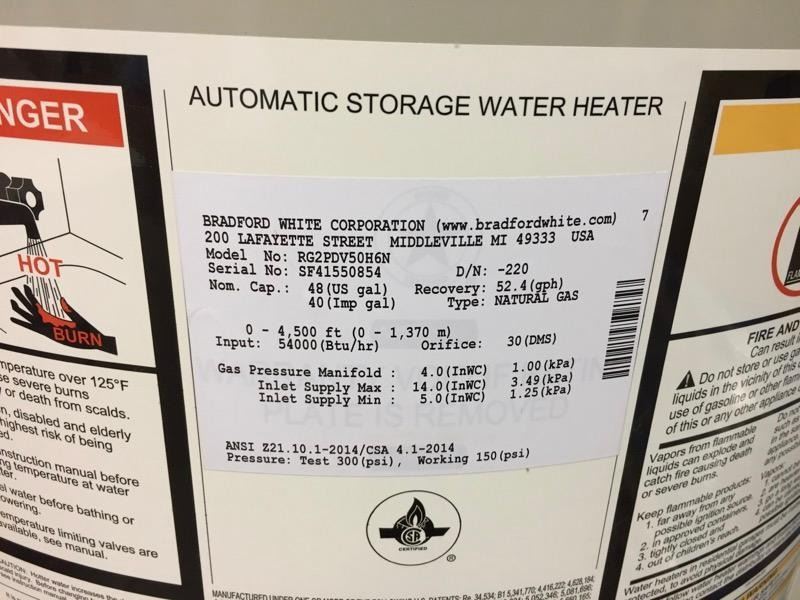 Bradford White Defender 50 gal Gas Hot Water tank