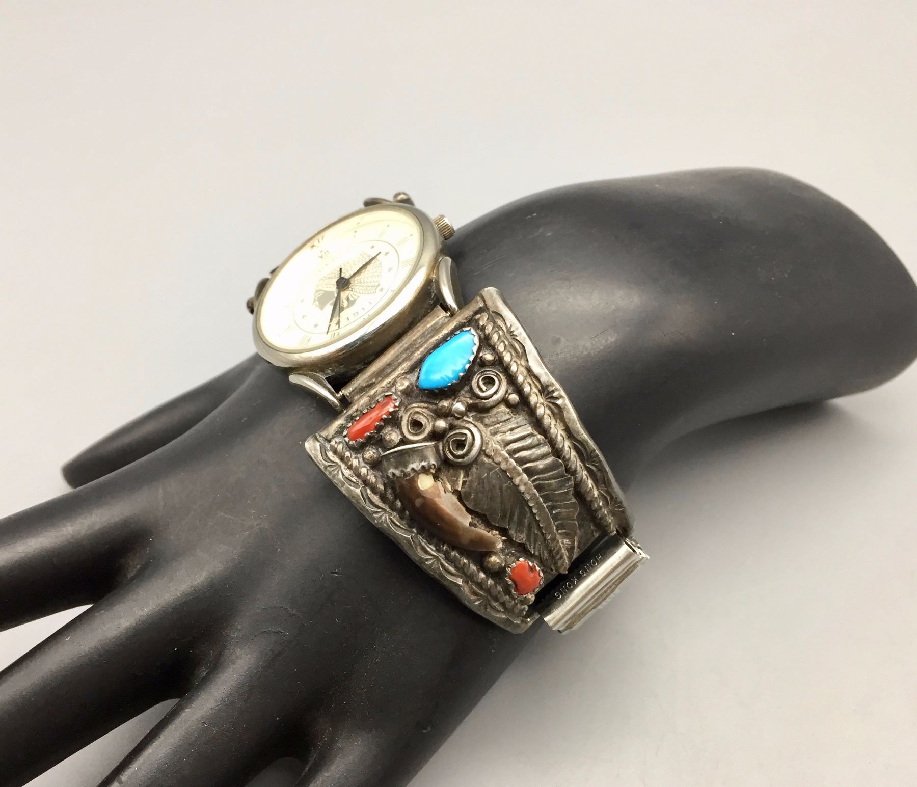 Vintage Turquoise, Coral, Bear Claw - Watch Bracelet