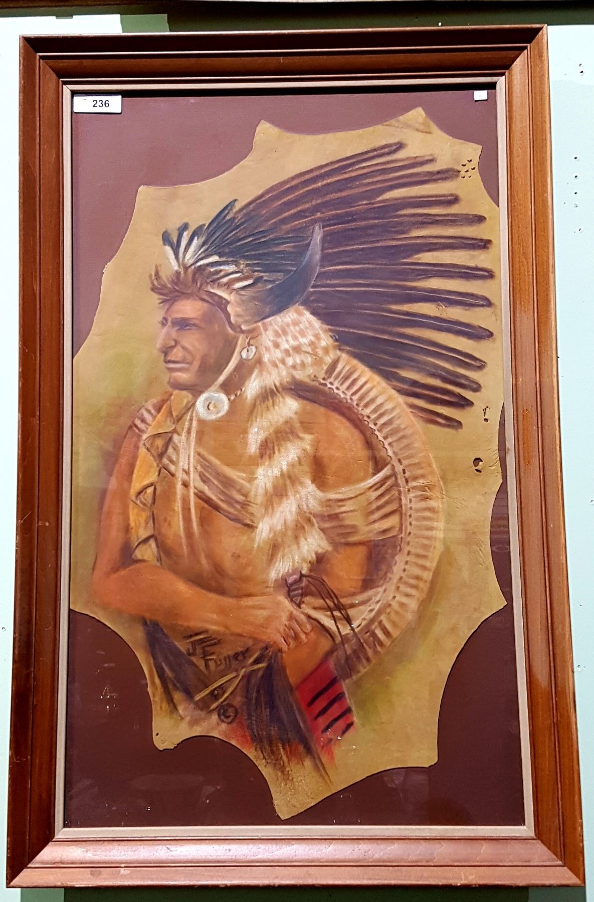 FRAMED J FULLER PAINTING OF NATIVE CHIEF ON DEER HIDE