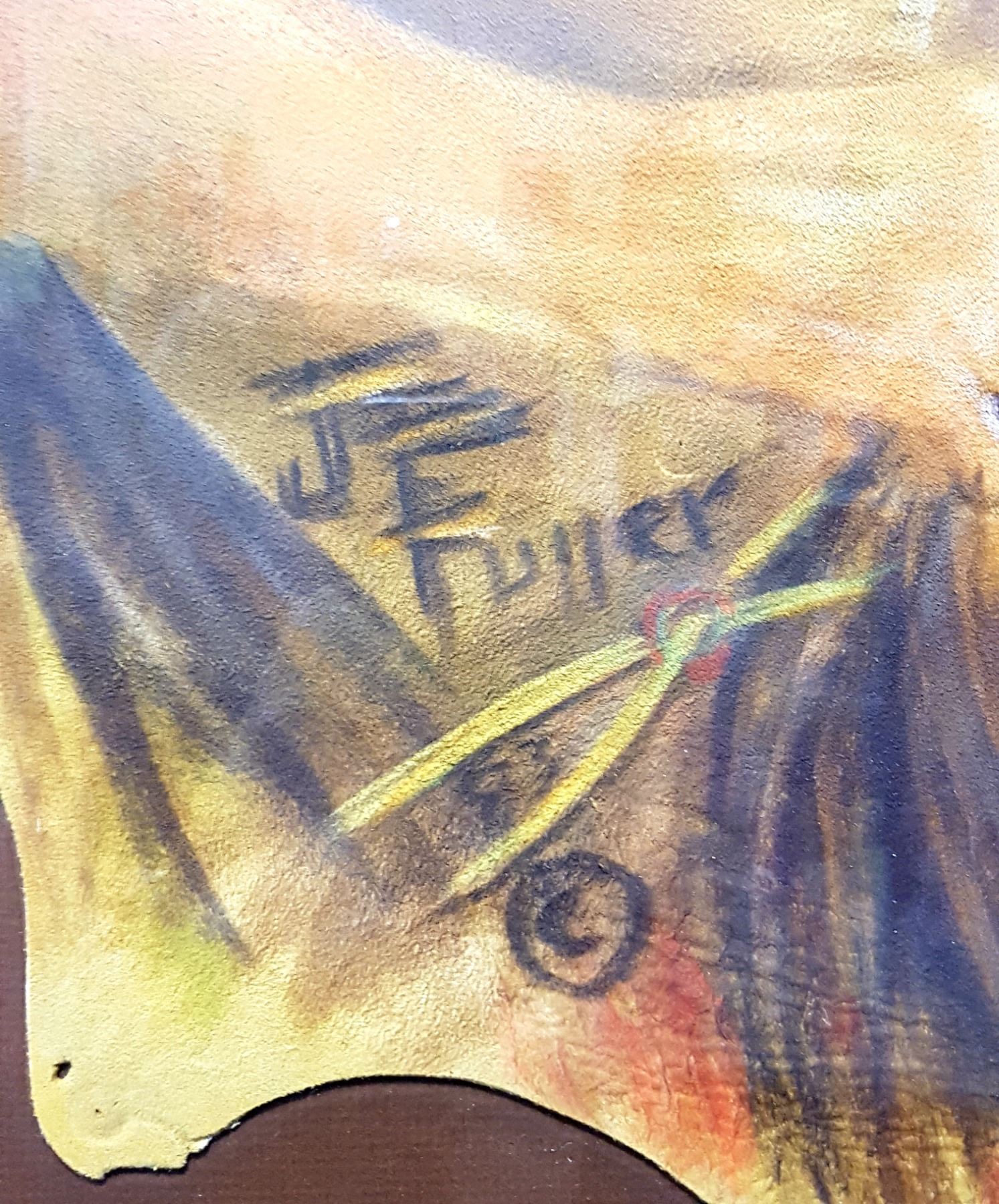 FRAMED J FULLER PAINTING OF NATIVE CHIEF ON DEER HIDE