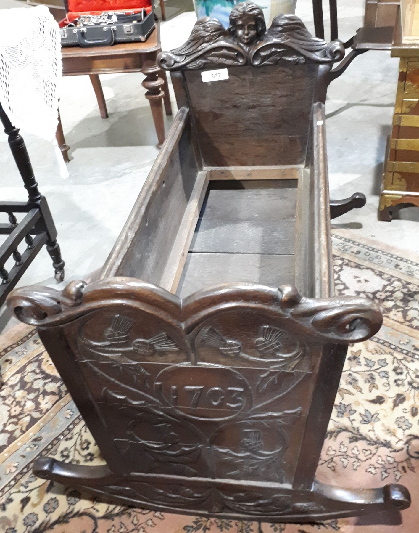 18TH CENTURY SCOTTISH HIGHLY CARVED CRADLE