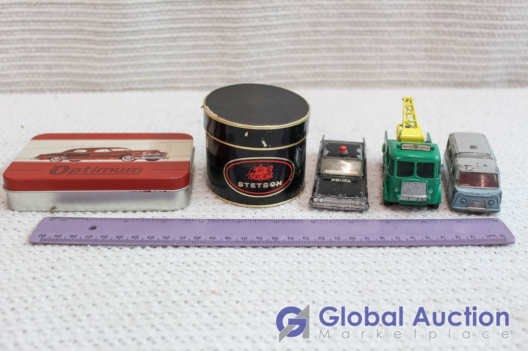 Vintage Toys & Tins (Cars, Plastic Stetson Hat, Car Tin)