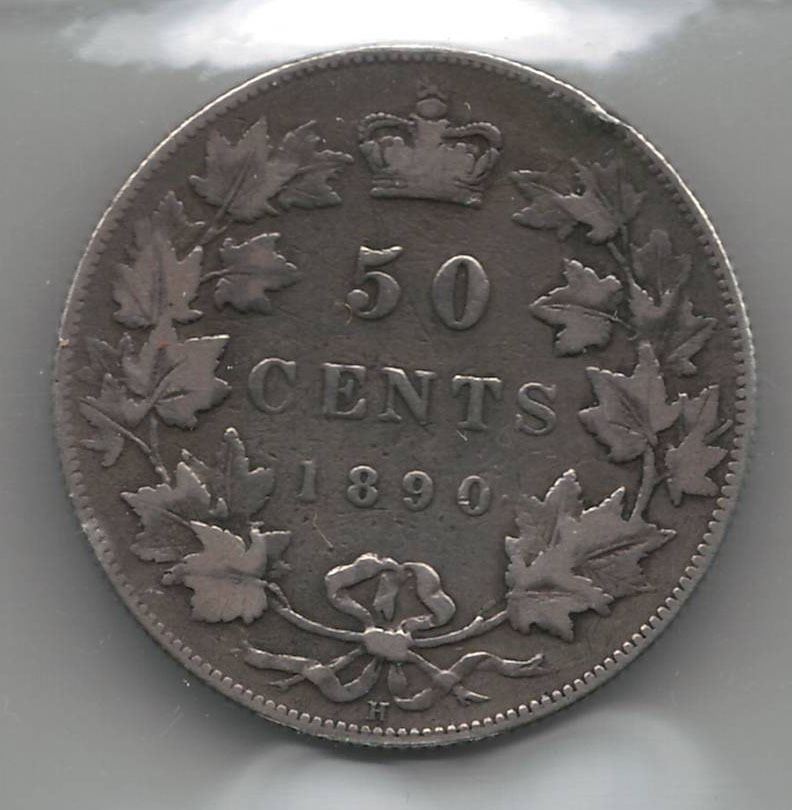 Canada 1890H Silver 50 Cent Obverse 4 ICCS VG8. Key Date.