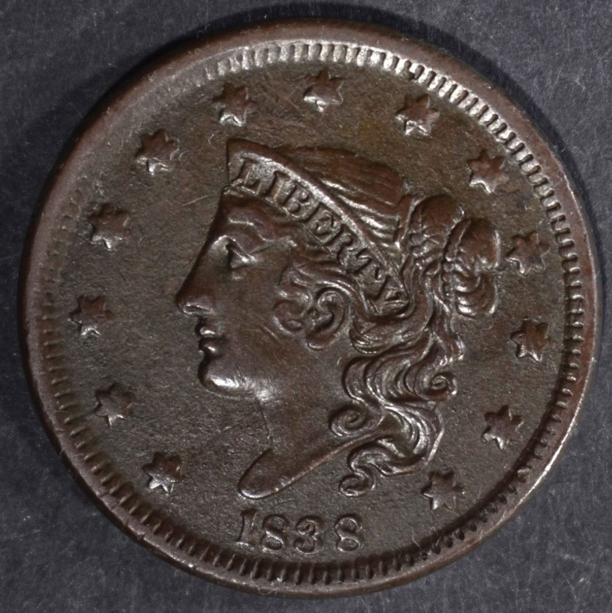 1838 LARGE CENT, XF/AU