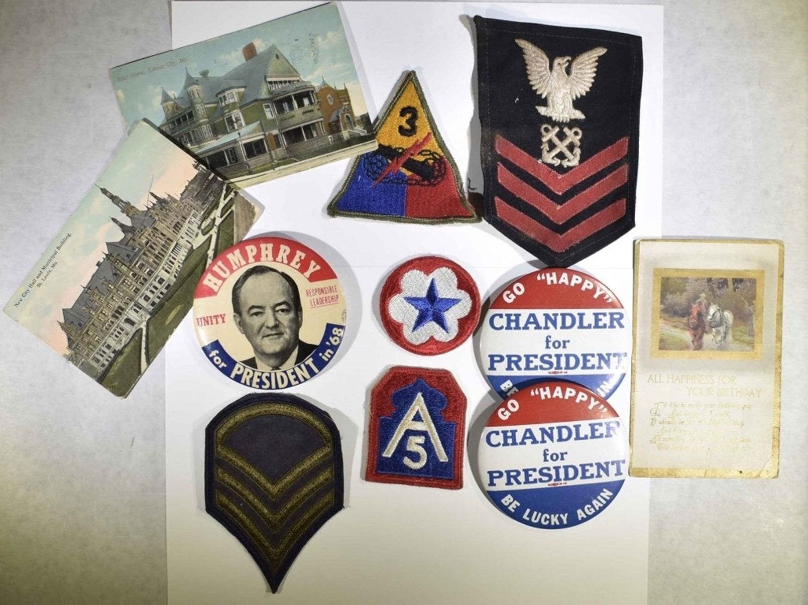 POLITICAL PINS, MILITARY PATCHES,