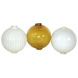 Lightning rod balls (3); amber, ribbed milk glass & smooth milk glass ...
