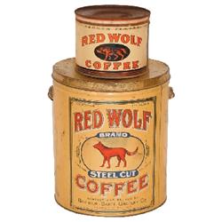 Coffee tins (2); Red Wolf Coffee 6# pail & 1# tin, Ridenour-Baker Grocery Co., Kansas City, MO, G+ t