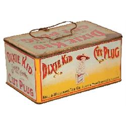 Dixie Kid Cut Plug Tobacco lunch box tin, pictures white boy in straw hat, Nall & Williams Tob. Co.,
