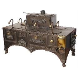 Cast iron 9 burner stove, European, fancy embossed swan detail, brass ...