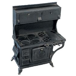 Miniature toy stove, "Blue Bird" cast iron w/warming oven, 6 burners ...