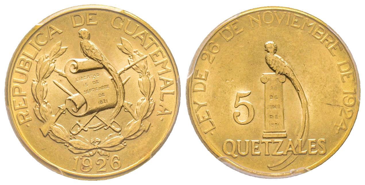 Guatemala, 5 Quetzales, 1926, AU 8.35 g. Ref : Fr. 50, X#M20 ...