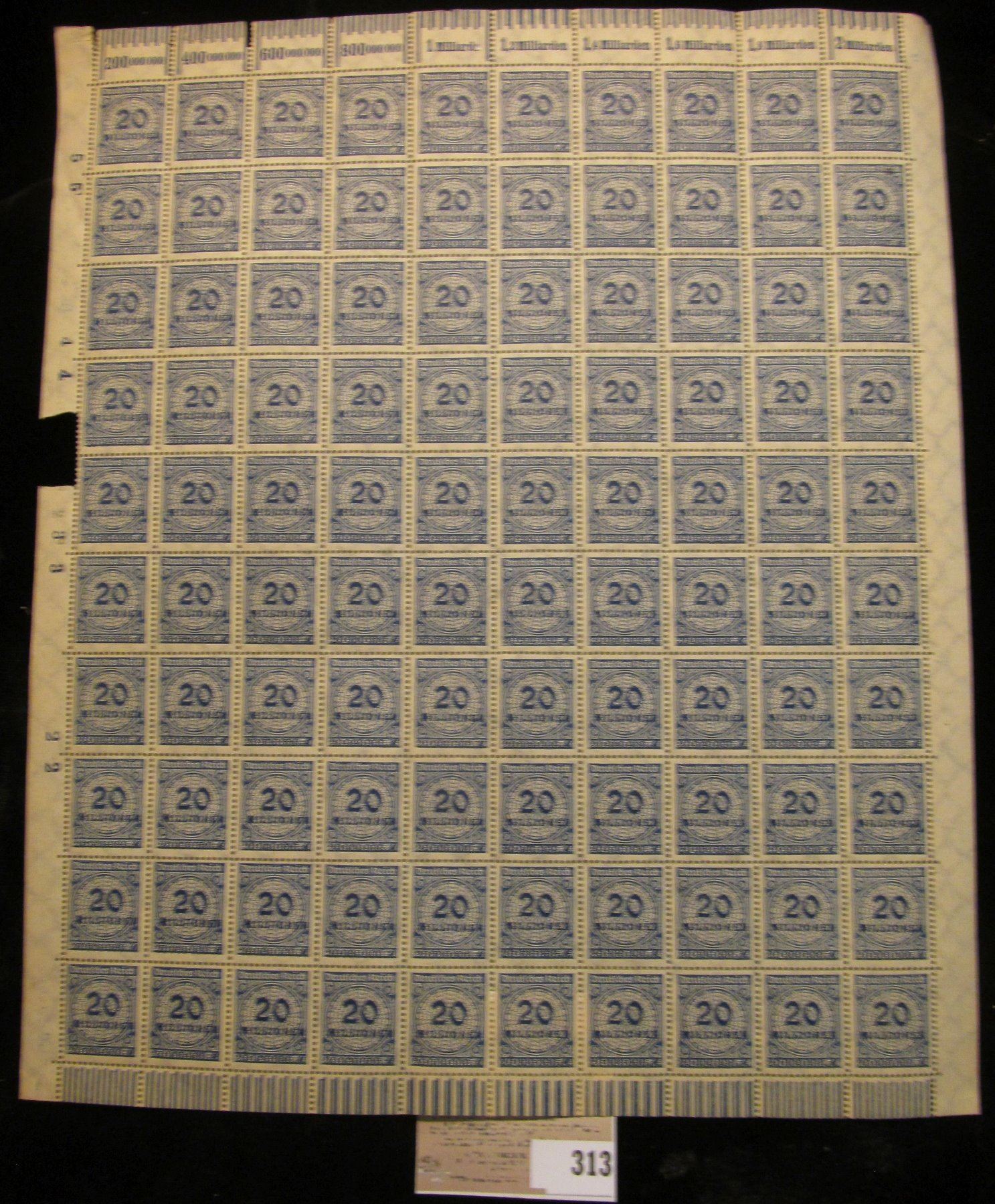 Mint Sheet 1923 German Empire 20 Million Stamp with Royal blue ...